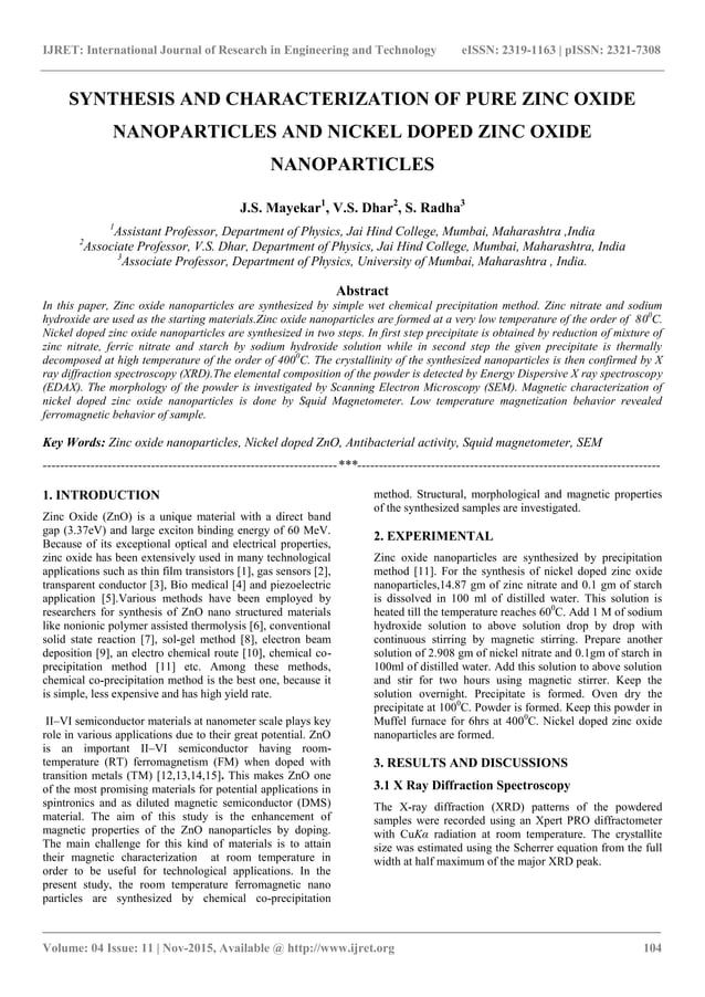 Synthesis and characterization of pure zinc oxide nanoparticles and nickel doped zinc oxide ...