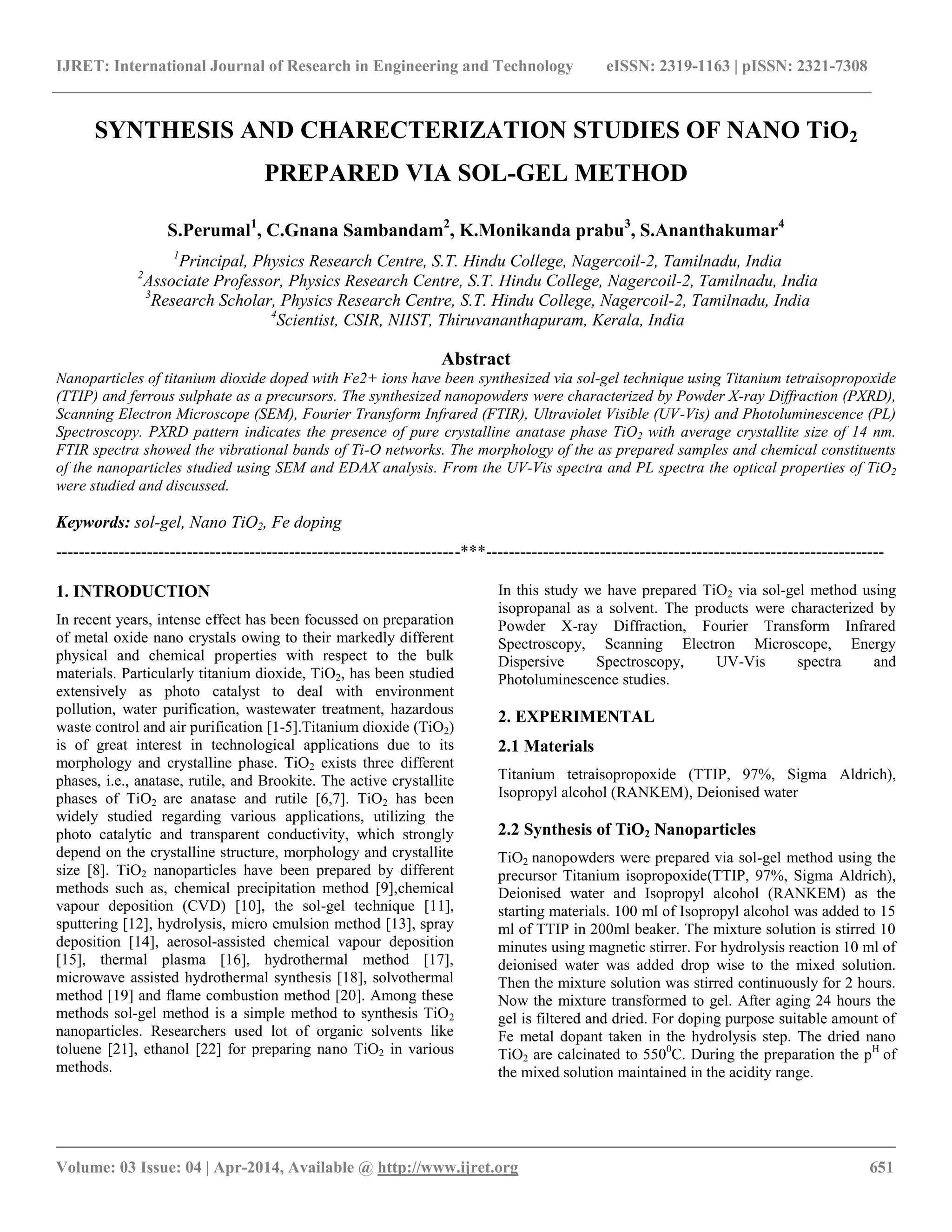 Synthesis and charecterization studies of nano ti o2 prepared via sol ...