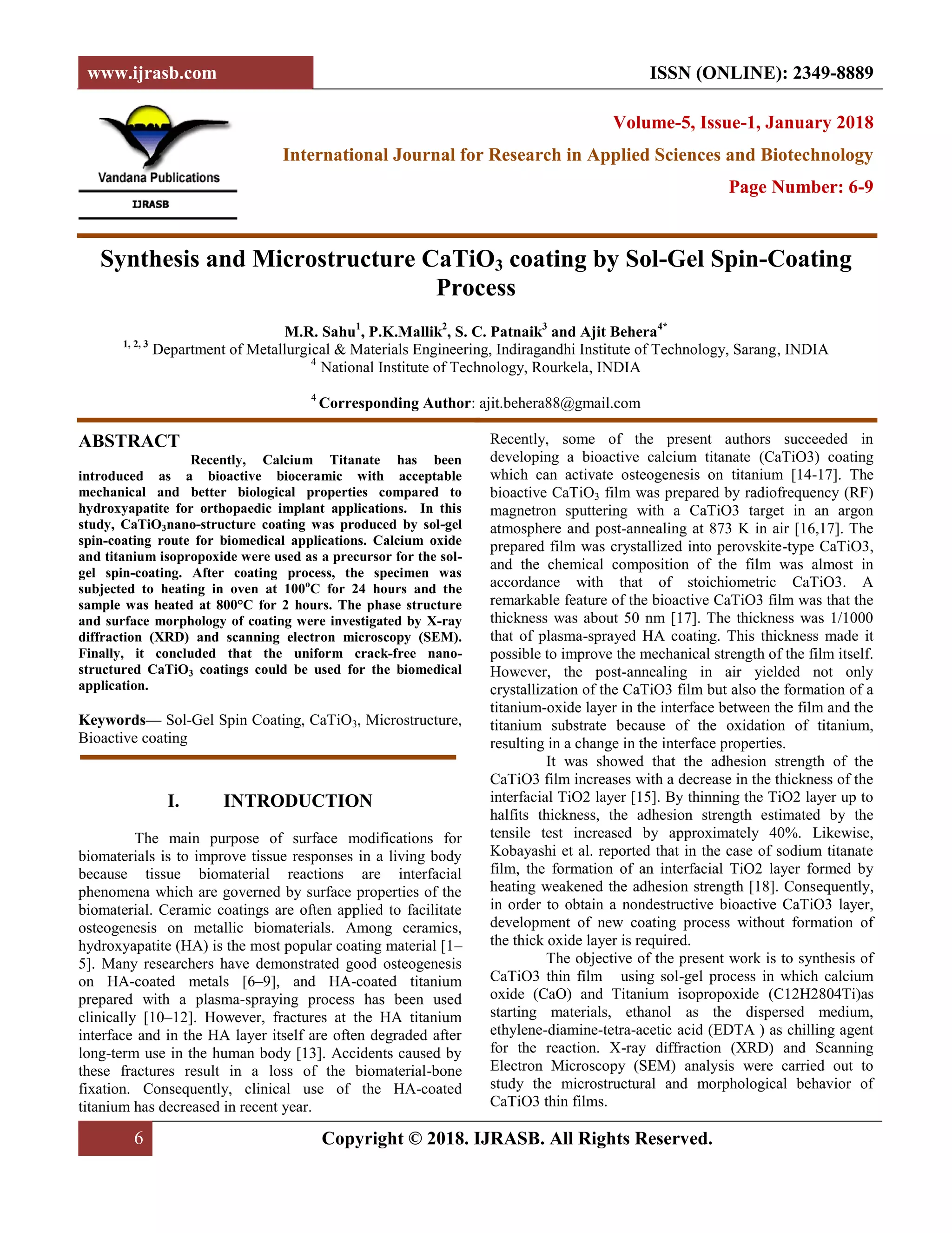 Synthesis and Microstructure CaTiO3 coating by Sol-Gel Spin-Coating Process | PDF