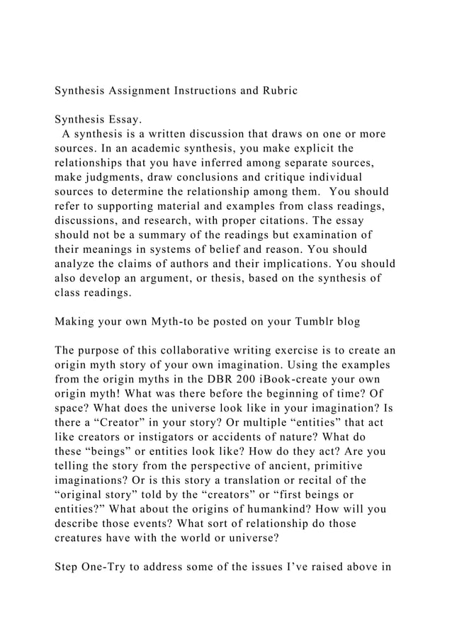 Synthesis Assignment Instructions and RubricSynthesis Essay..docx