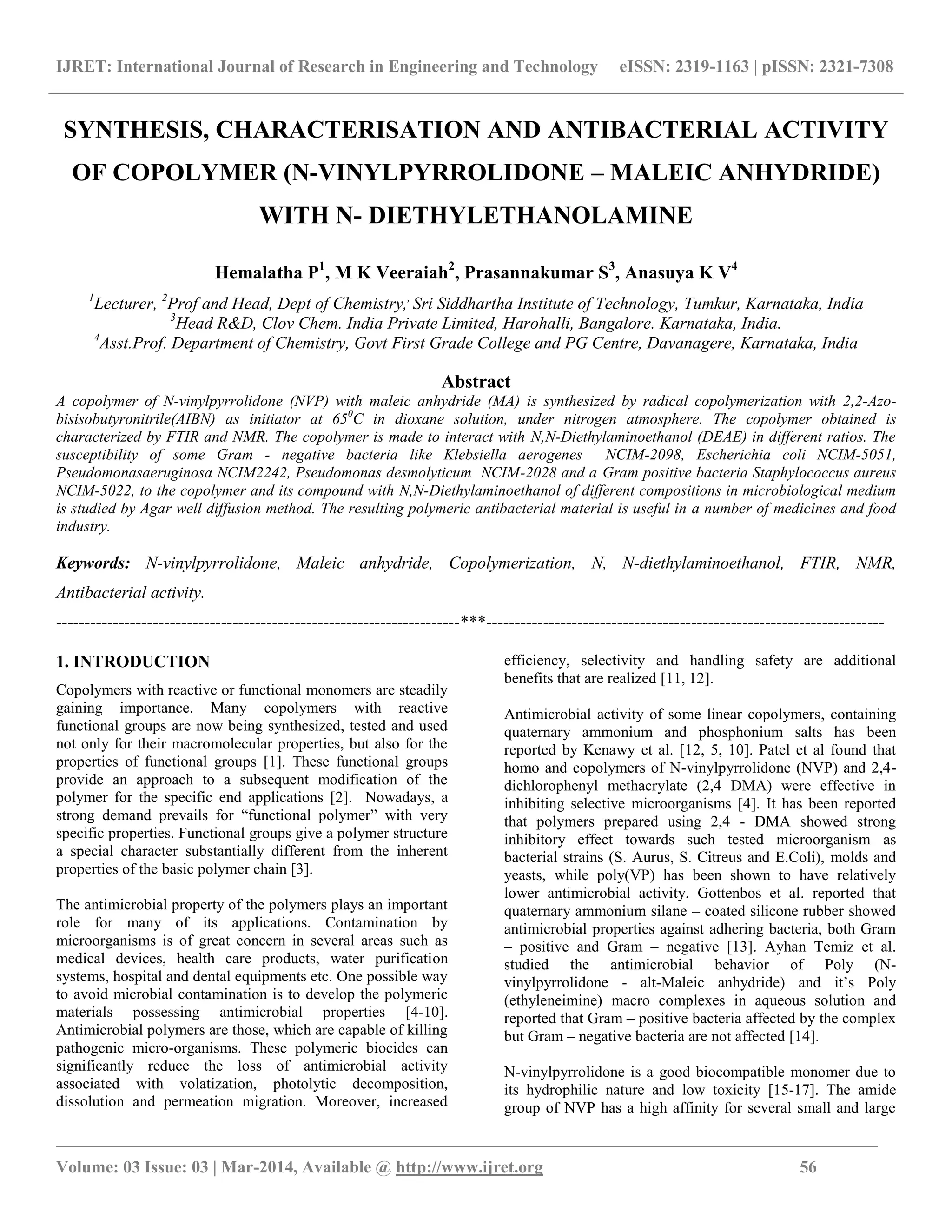 Synthesis, characterisation and antibacterial activity of copolymer (n ...