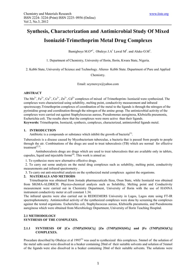 Synthesis, characterization and antimicrobial study of mixed isoniazid | PDF | Chemistry | Science