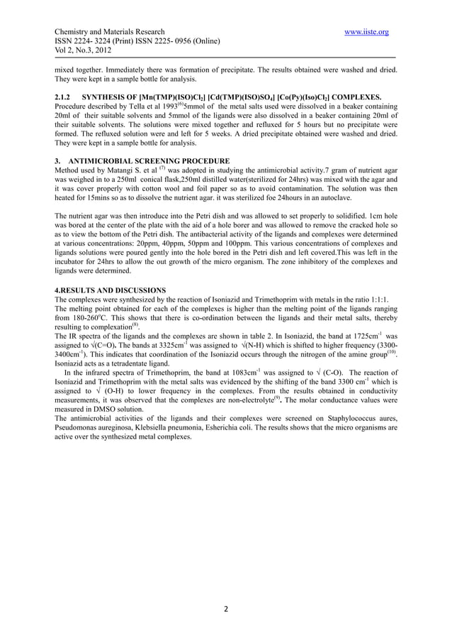 Synthesis, characterization and antimicrobial study of mixed isoniazid | PDF | Chemistry | Science