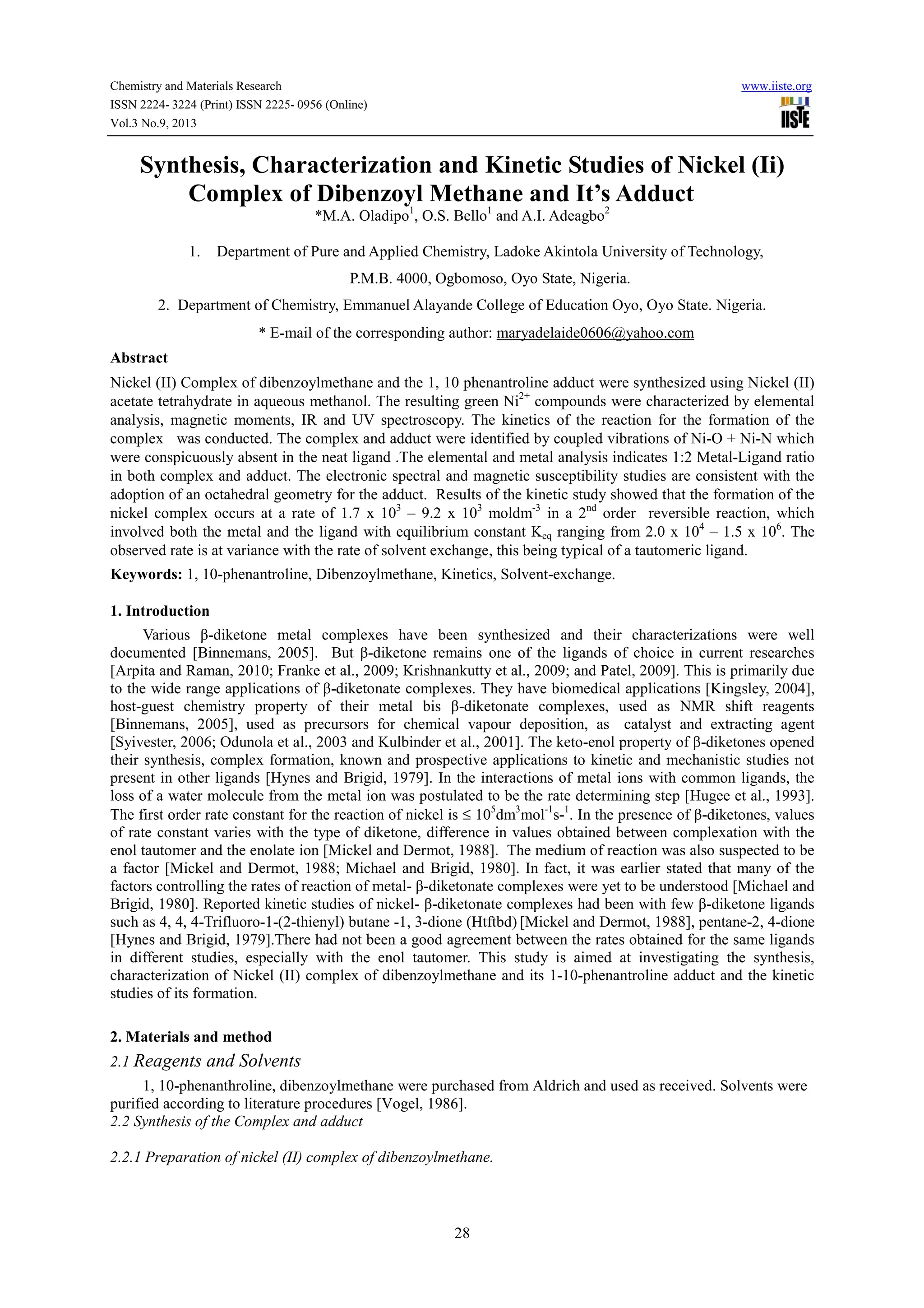 Synthesis, characterization and kinetic studies of nickel (ii) | PDF
