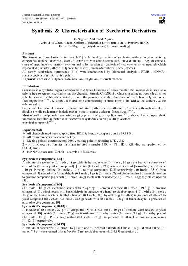 Synthesis & characterization of saccharine derivatives | PDF