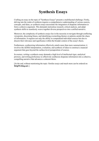 Synthesis Essays. Helene Fuld College of Nursing | PDF