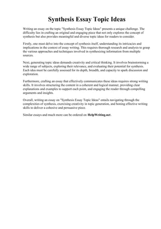 Synthesis Essay Topic Ideas. Synthesis Essay 1 | PDF