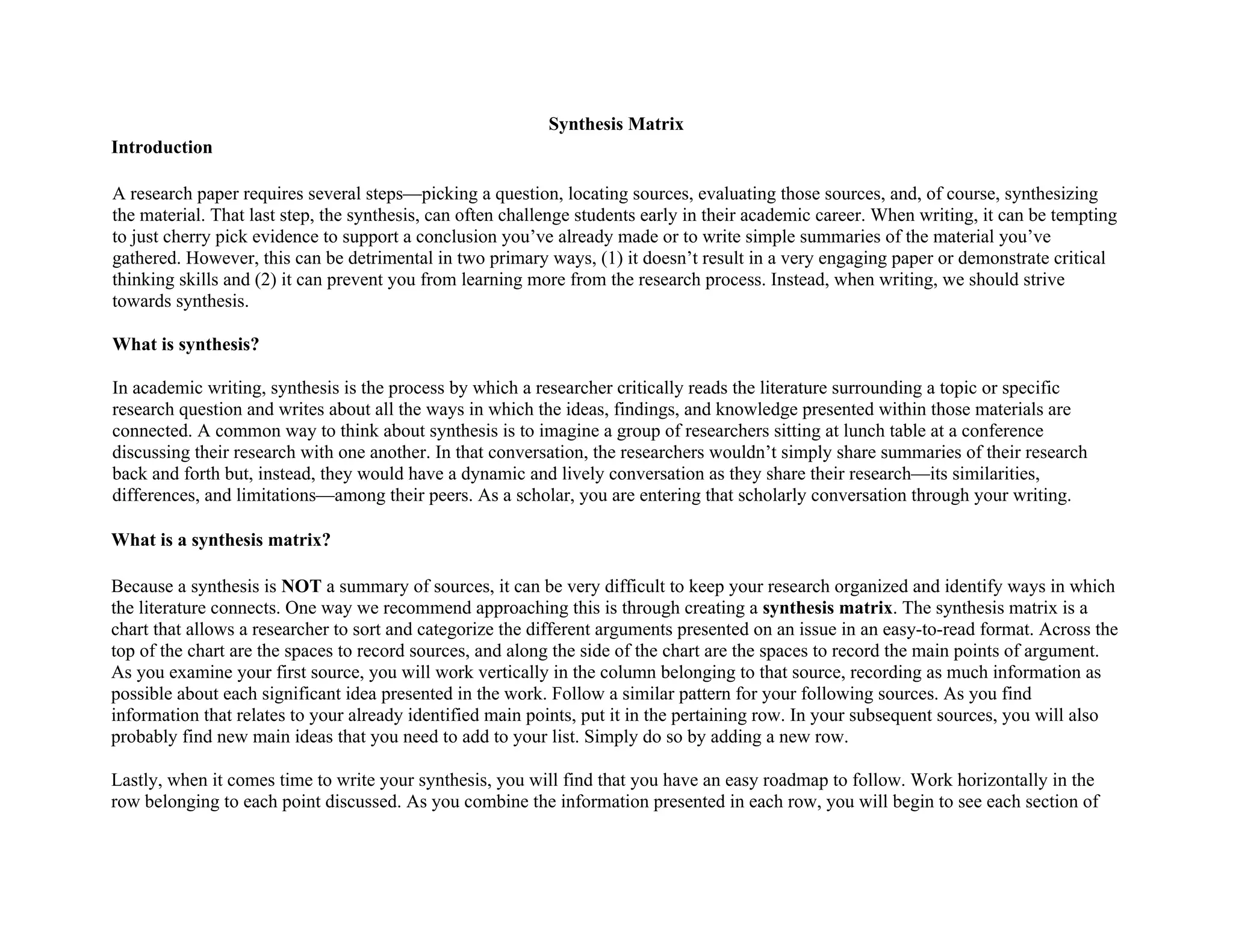 Synthesis Matrix example para trabajos de administracion | DOCX