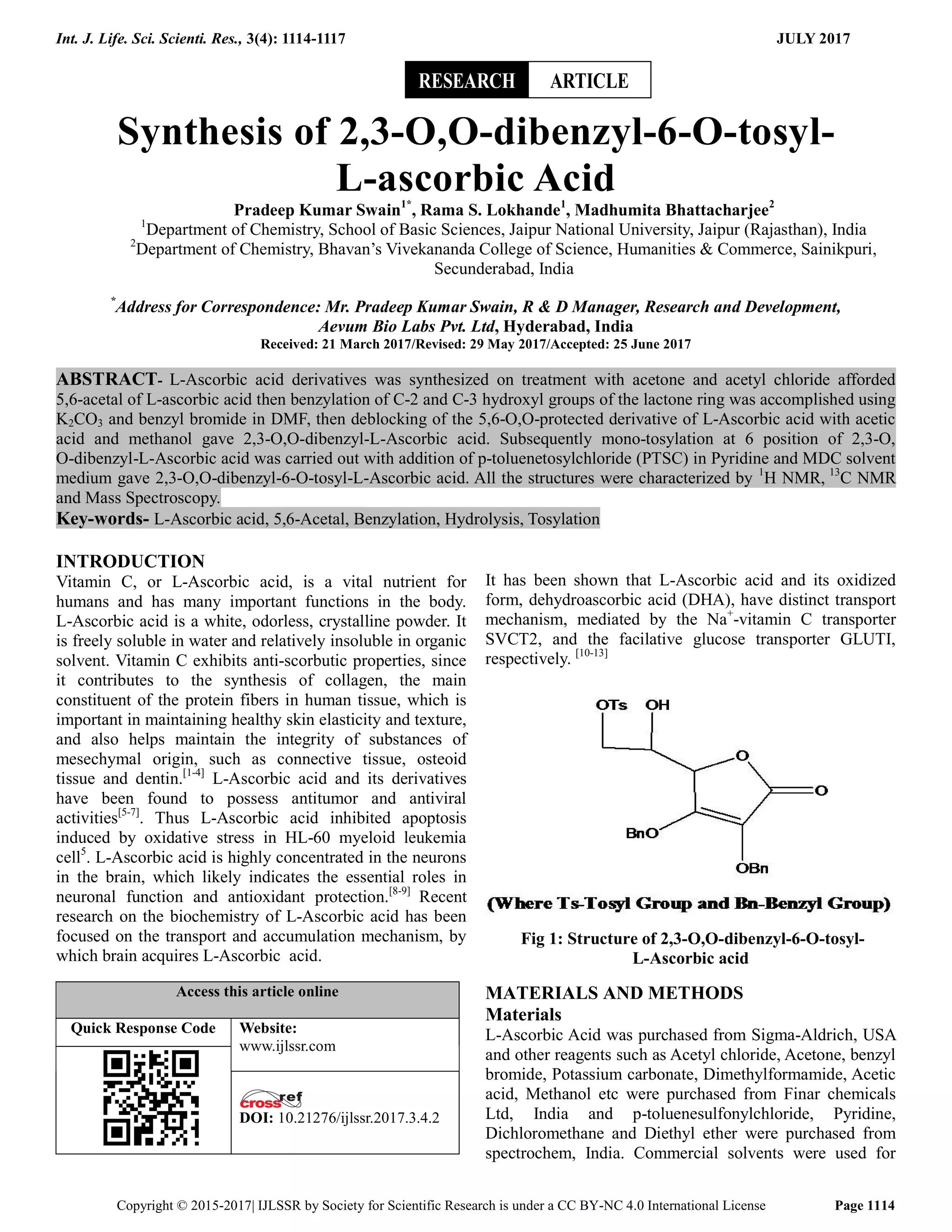 Synthesis of 2,3 o,o-dibenzyl-6-o-tosyl-l-ascorbic acid | PDF
