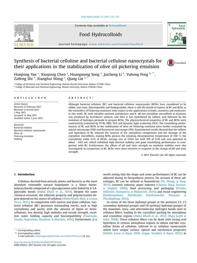 Synthesis of bacterial cellulose and bacterial cellulose nanocrystals ...