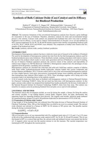 Synthesis of bulk calcium oxide (cao) catalyst and its efficacy (2) | PDF