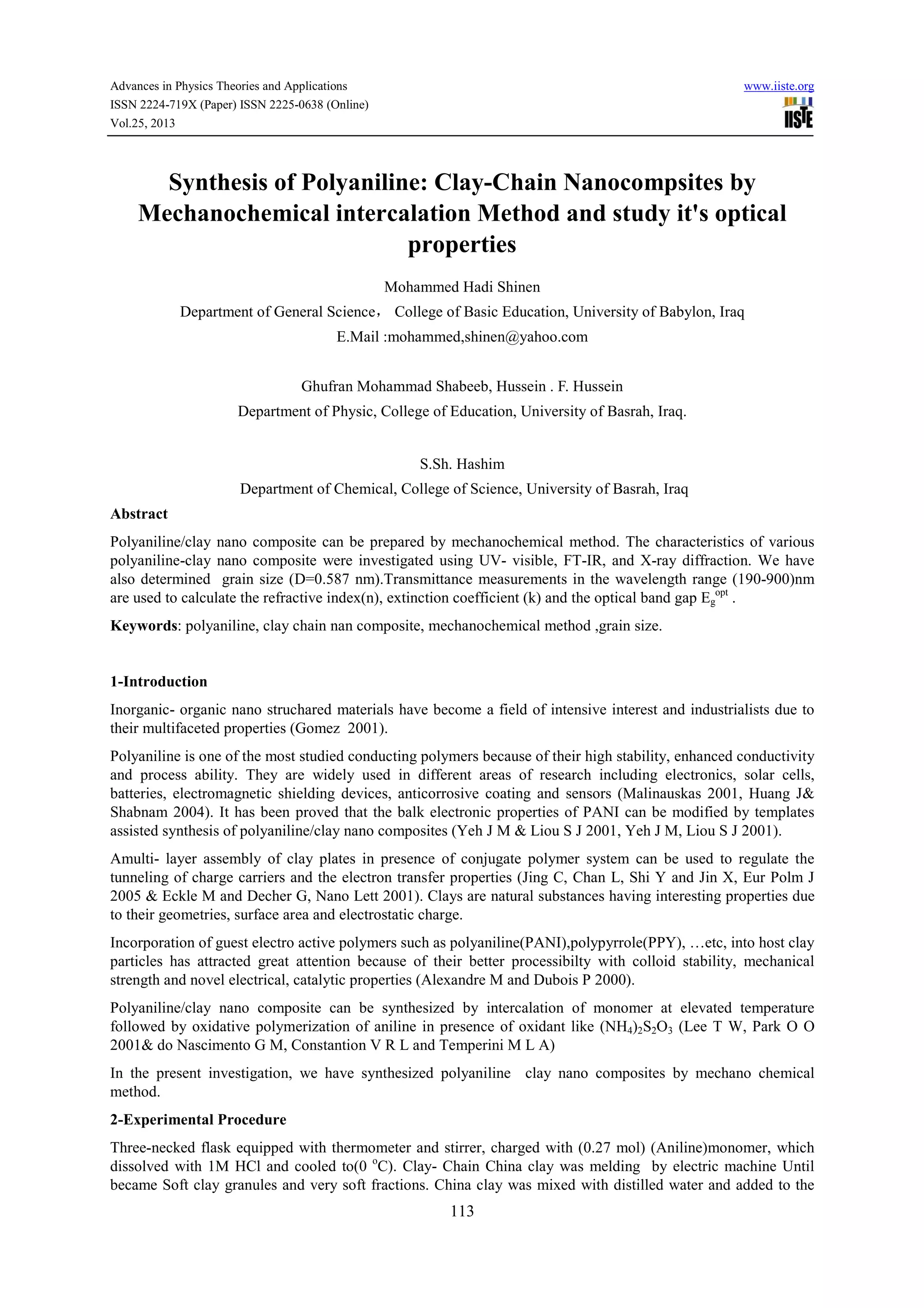 Synthesis Of Polyaniline Pdf Chemistry Science