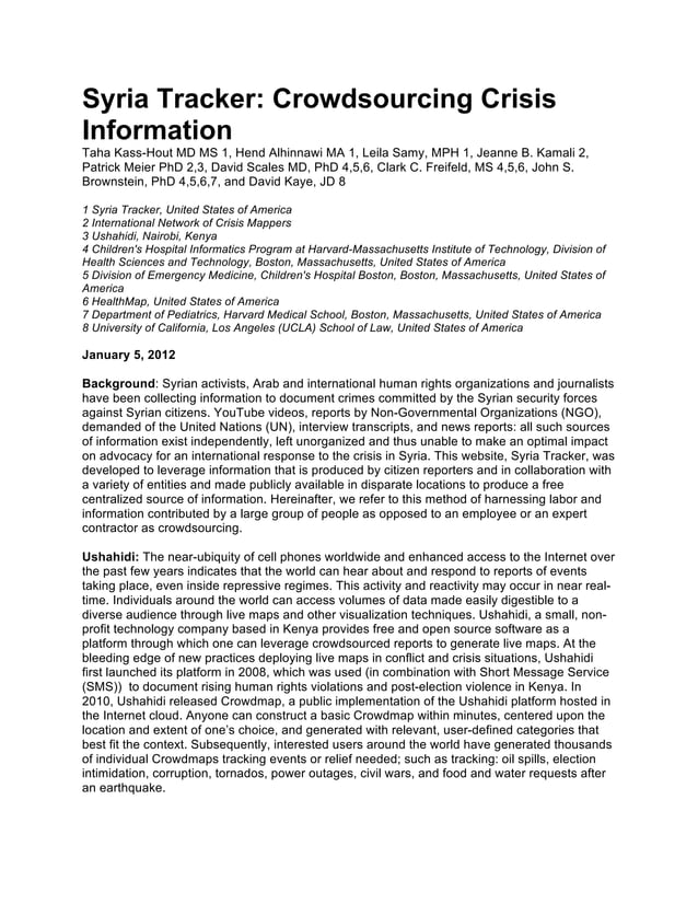 Syria Tracker: Crowdsourcing Crisis Information | PDF | Internet | Computing