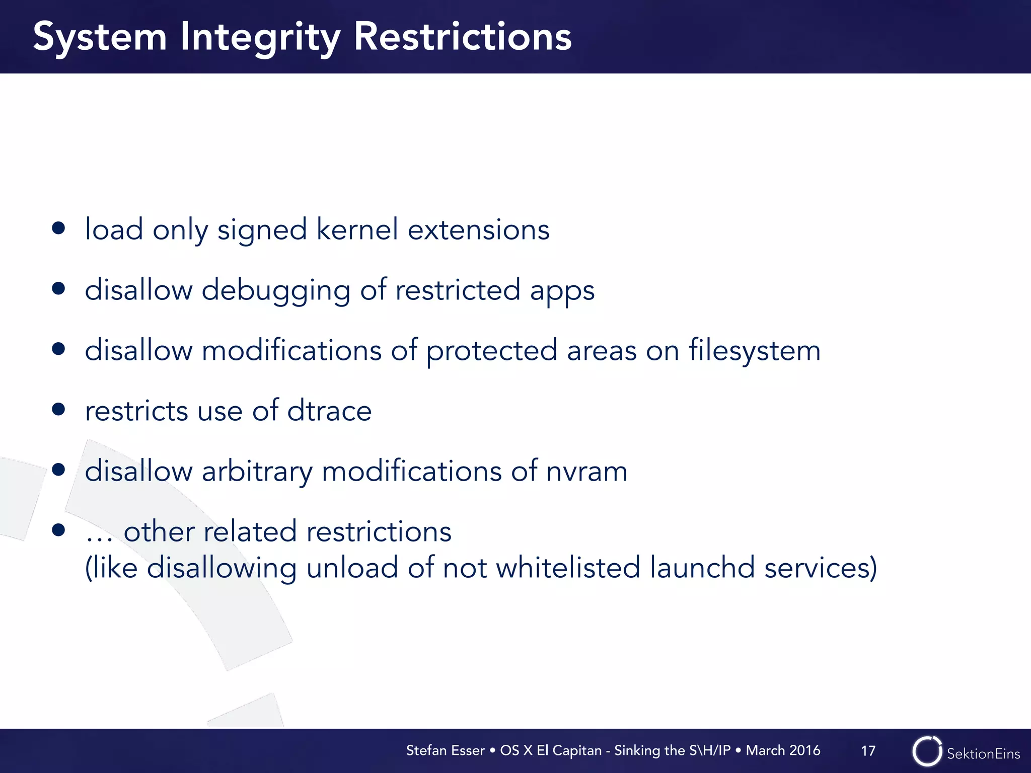 SyScan360 - Stefan Esser - OS X El Capitan sinking the S\H/IP | PDF