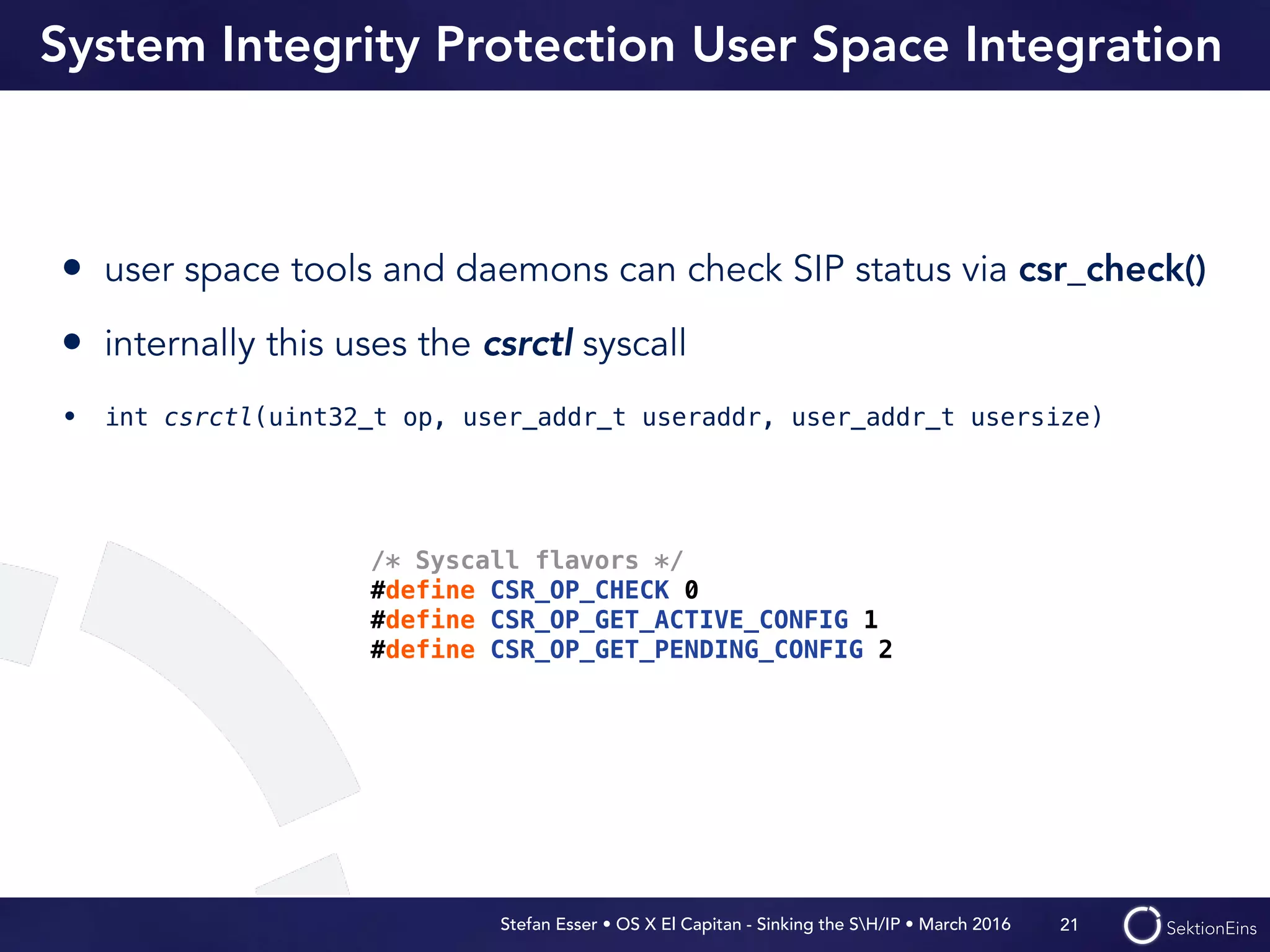 SyScan360 - Stefan Esser - OS X El Capitan sinking the S\H/IP | PDF