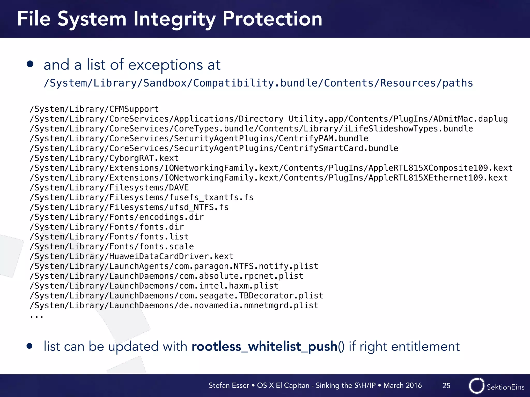 SyScan360 - Stefan Esser - OS X El Capitan sinking the S\H/IP | PDF