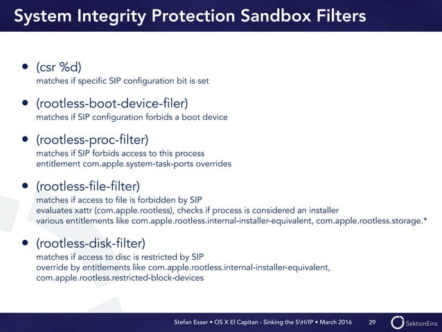 SyScan360 - Stefan Esser - OS X El Capitan sinking the S\H/IP | PPT
