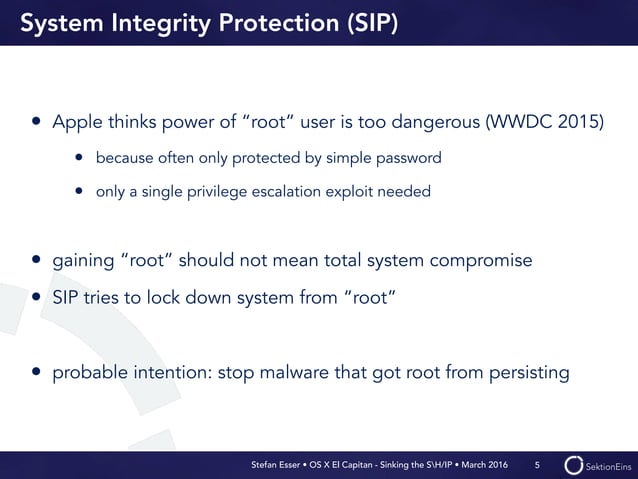 SyScan360 - Stefan Esser - OS X El Capitan sinking the S\H/IP | PPT
