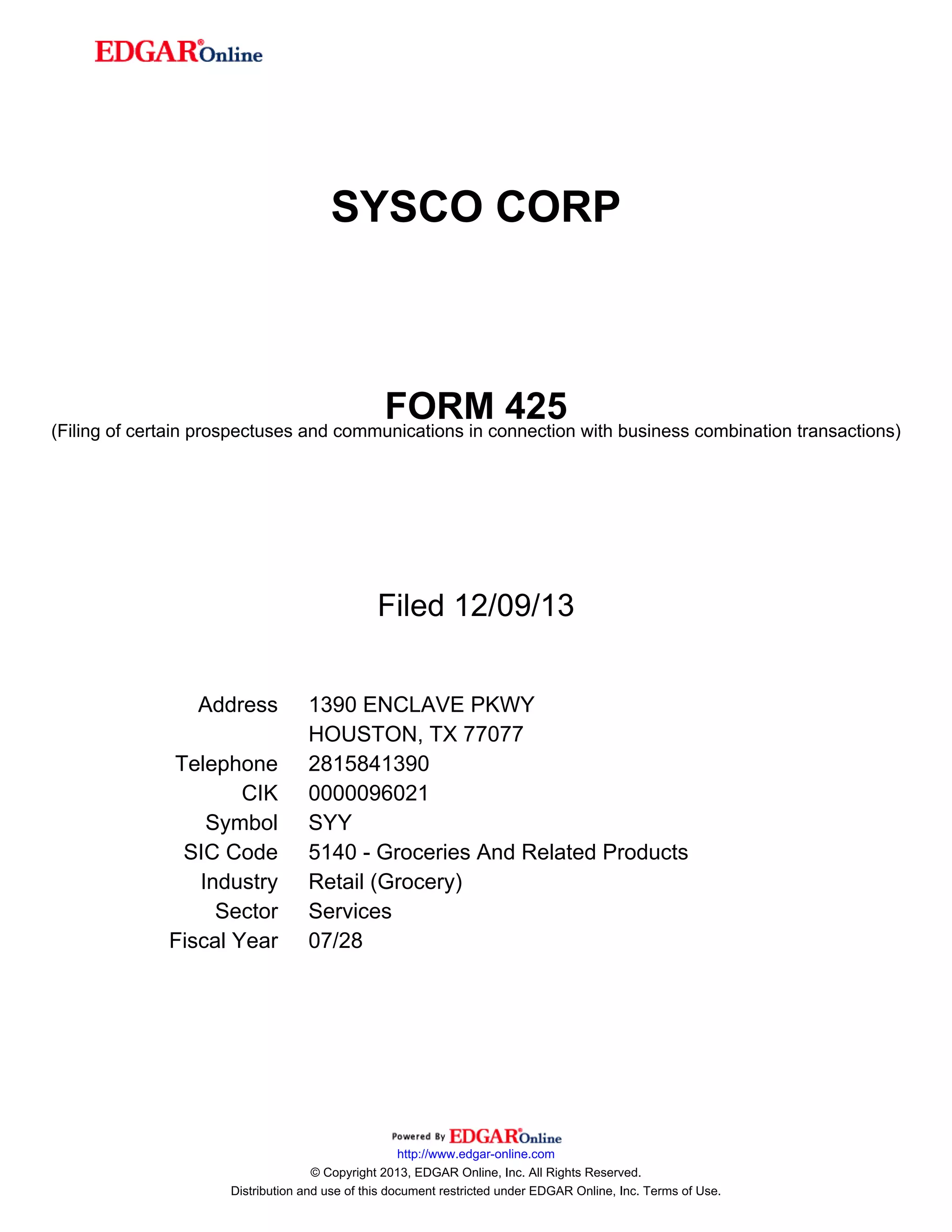 SYSCO AND US FOODS MERGER | PDF