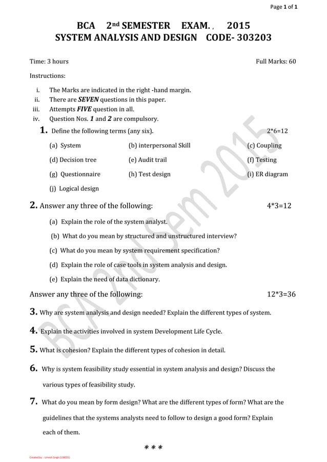 System analysis and design code 303203 bca 2nd semester exam. 2015 | PDF
