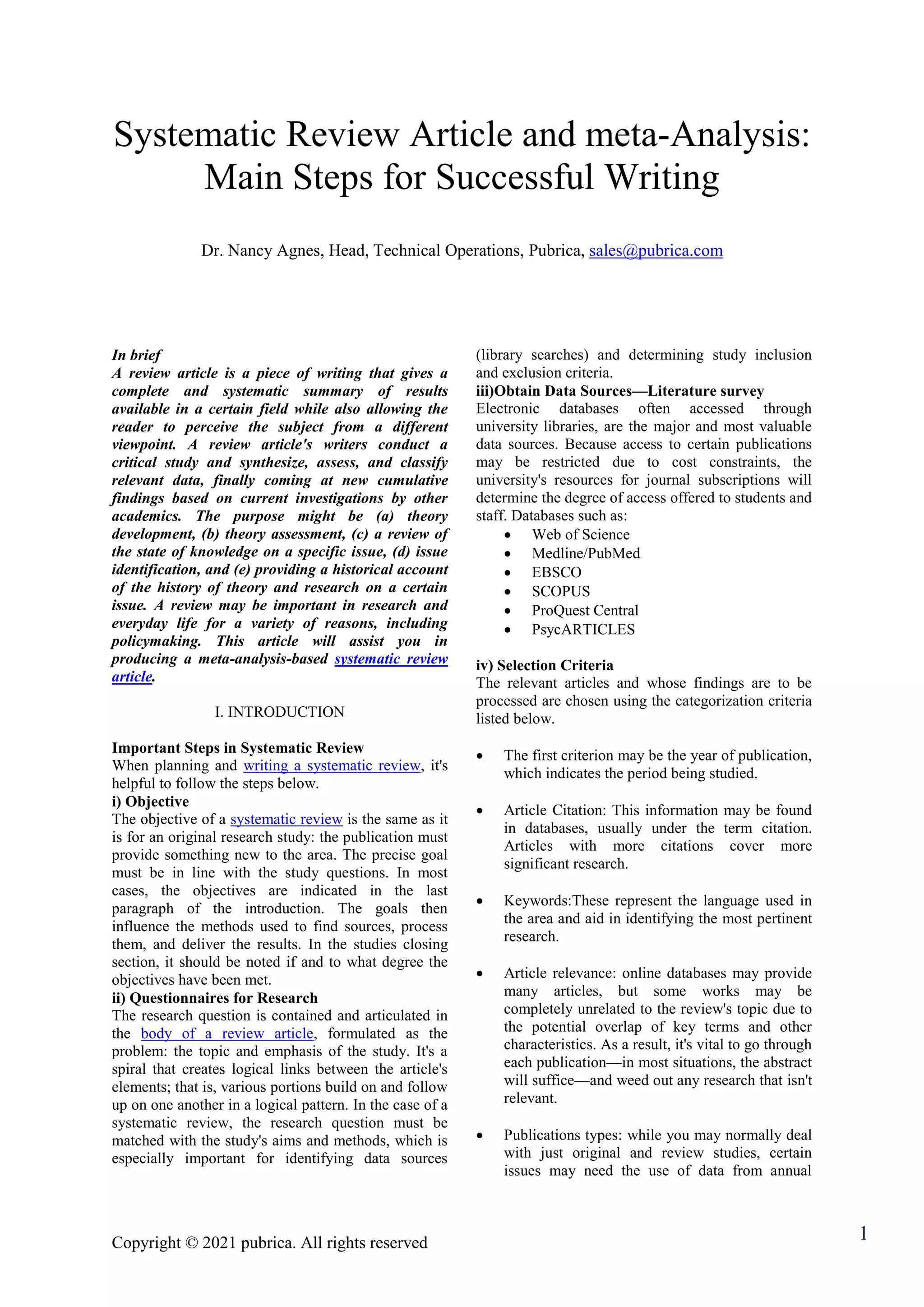 Systematic review article and Meta-analysis: Main steps for Successful writing – Pubrica | PDF