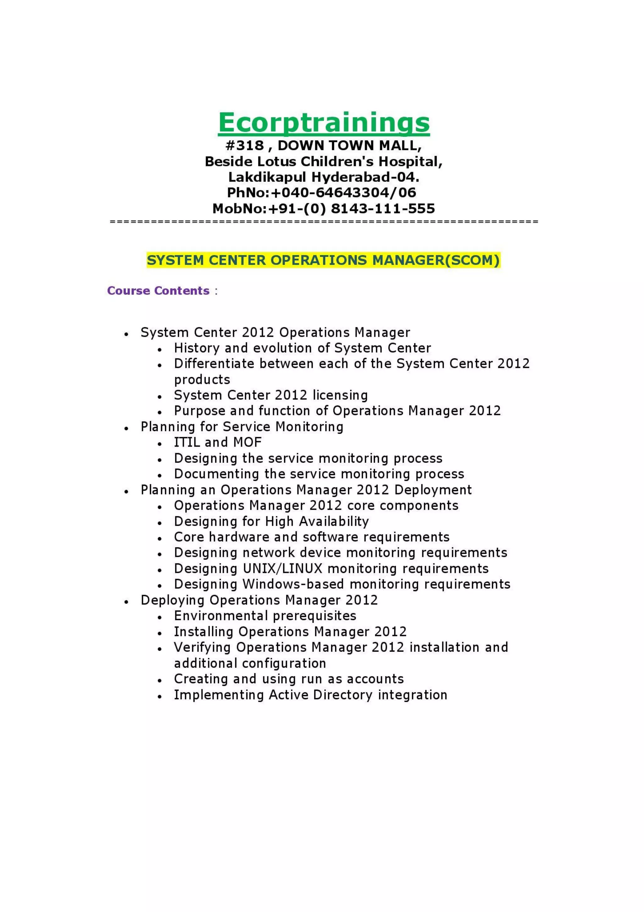 SYSTEM CENTER OPERATIONS MANAGER(SCOM) Training in Hyderabad India ...