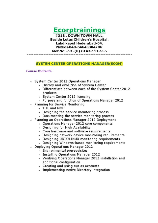 SYSTEM CENTER OPERATIONS MANAGER(SCOM) Training in Hyderabad India ...