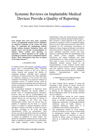 Systemic reviews on implantable medical devices provide a quality of reporting – Pubrica | PDF ...