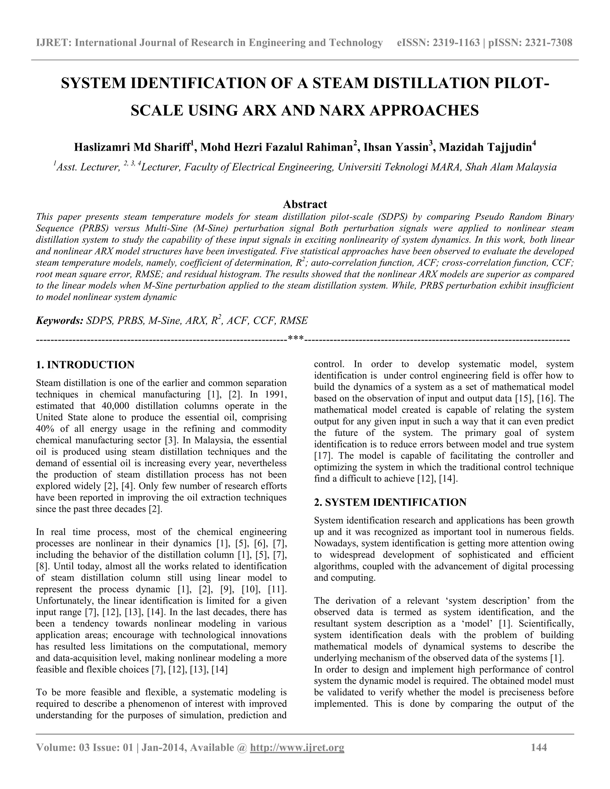 System identification of a steam distillation pilot scale using arx and narx approaches | PDF