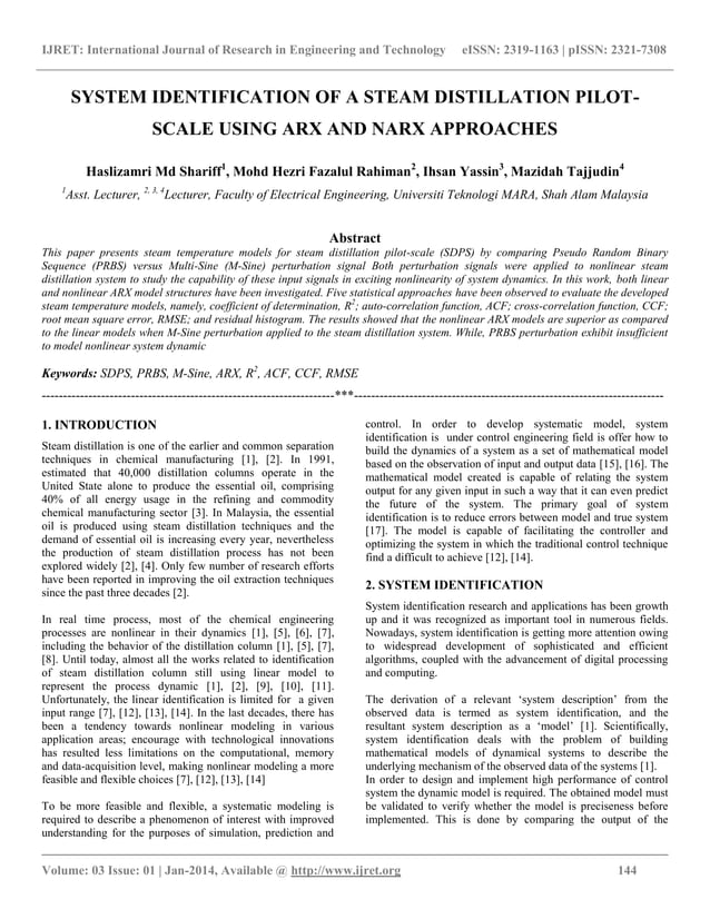 System identification of a steam distillation pilot scale using arx and narx approaches | PDF