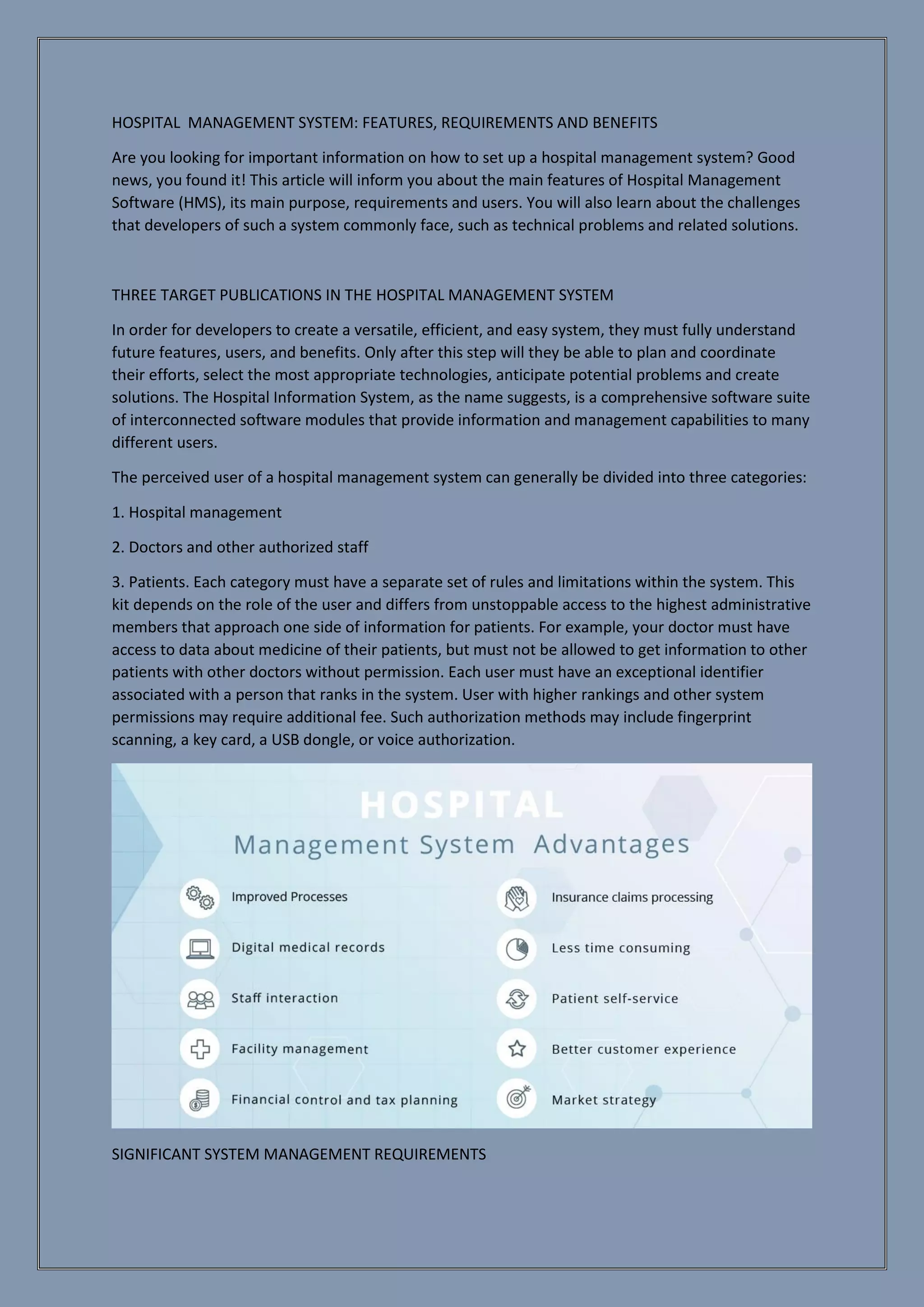 HOSPITAL MANAGEMENT SYSTEM: FEATURES, REQUIREMENTS AND BENEFITS | PDF