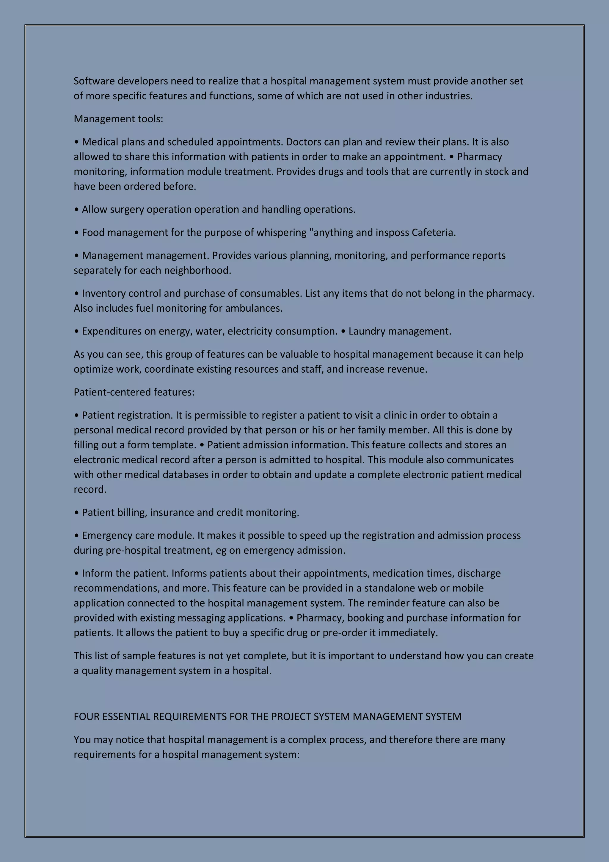 HOSPITAL MANAGEMENT SYSTEM: FEATURES, REQUIREMENTS AND BENEFITS | PDF