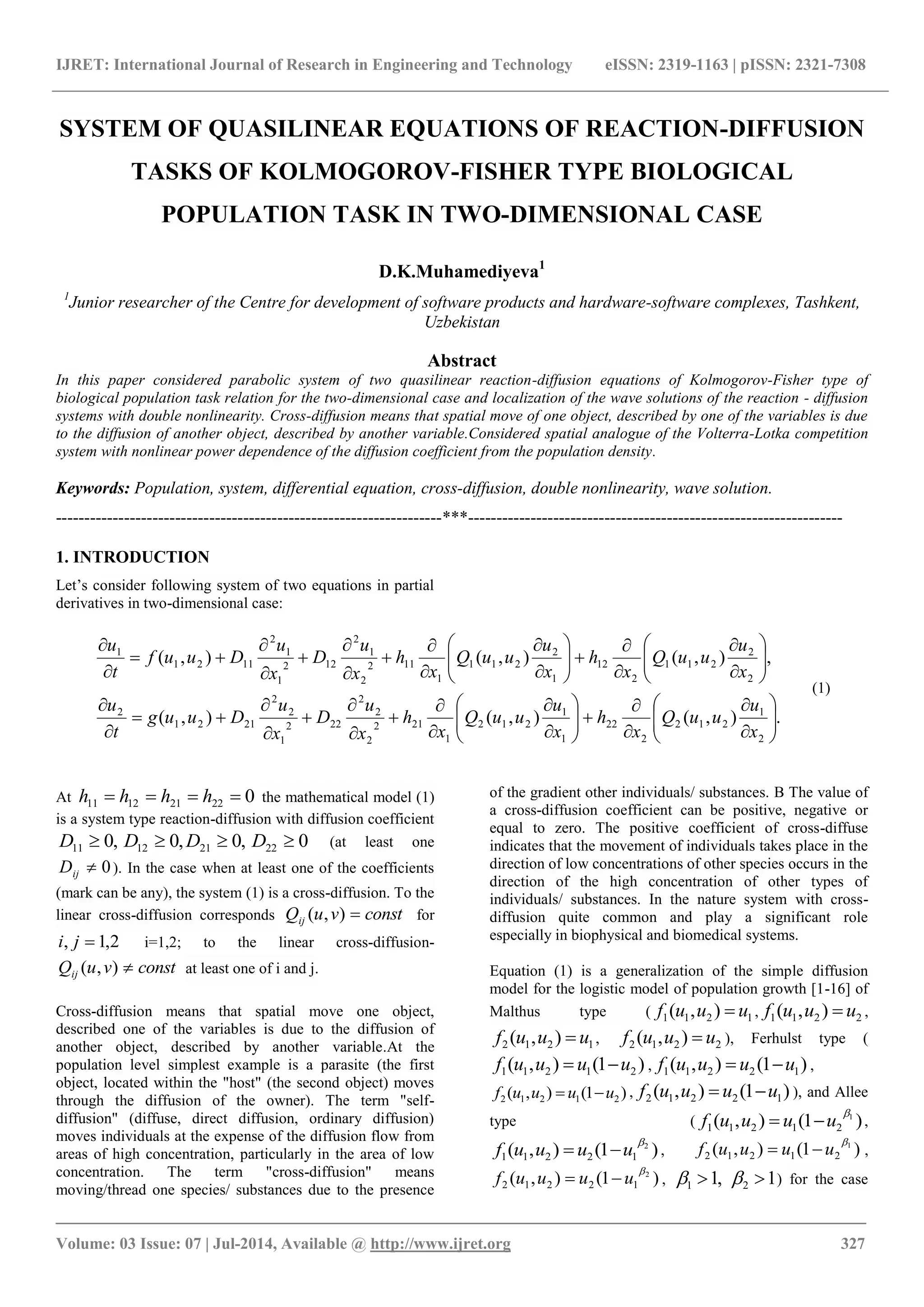 System of quasilinear equations of reaction diffusion | PDF