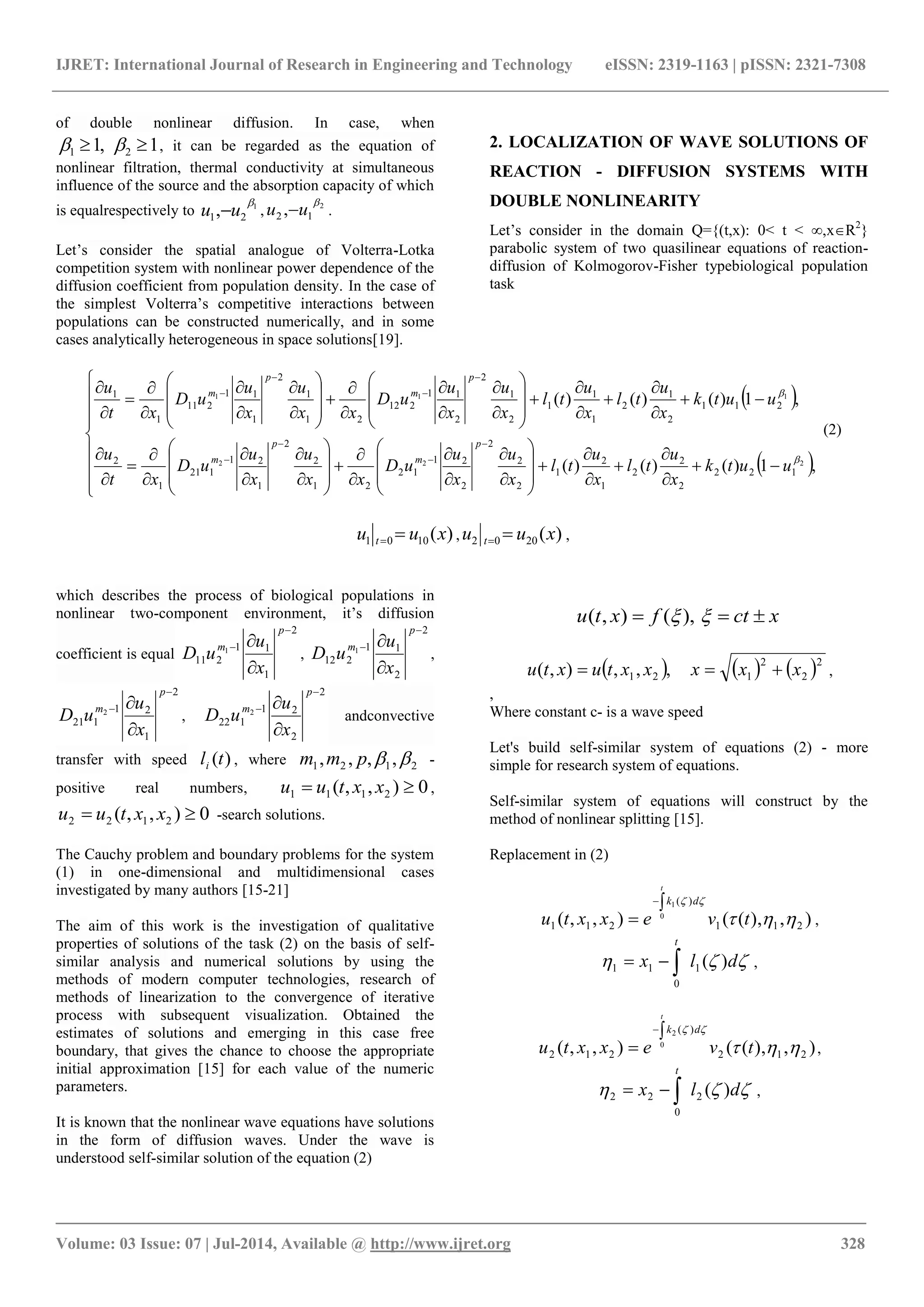 System of quasilinear equations of reaction diffusion | PDF