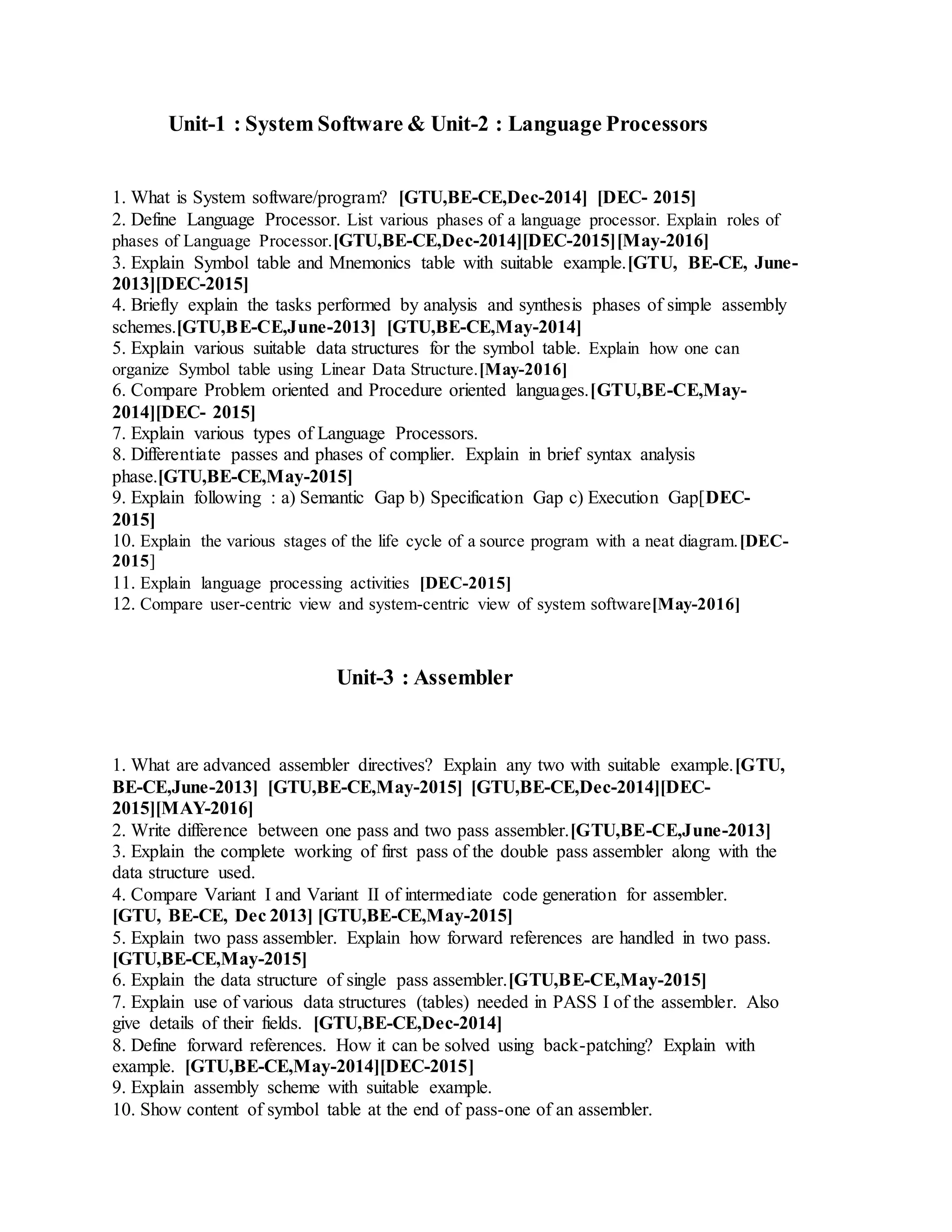 Imp Questions For System Programming For Gtu Docx Programming Languages Computing