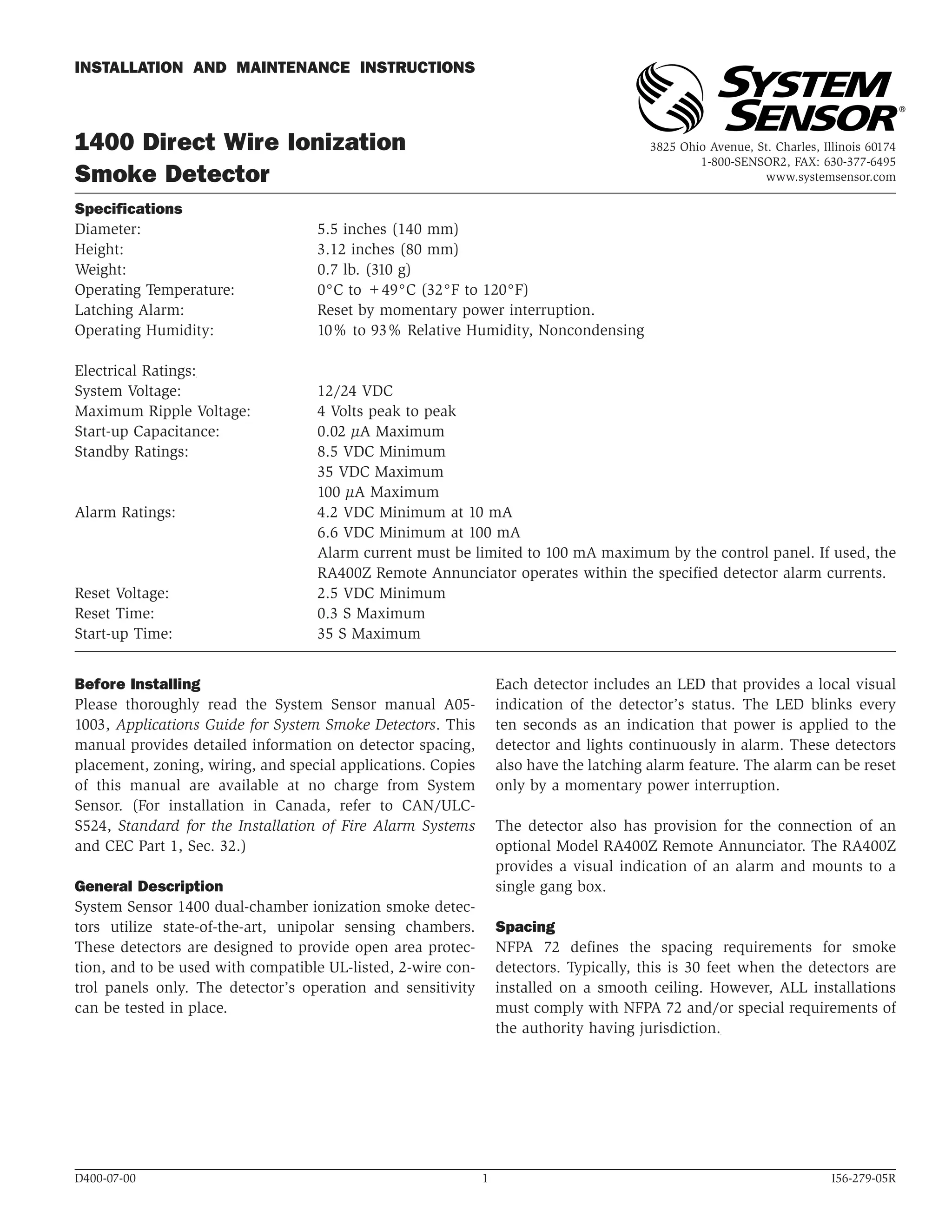 System sensor 1400 manual i56-0279 | PDF