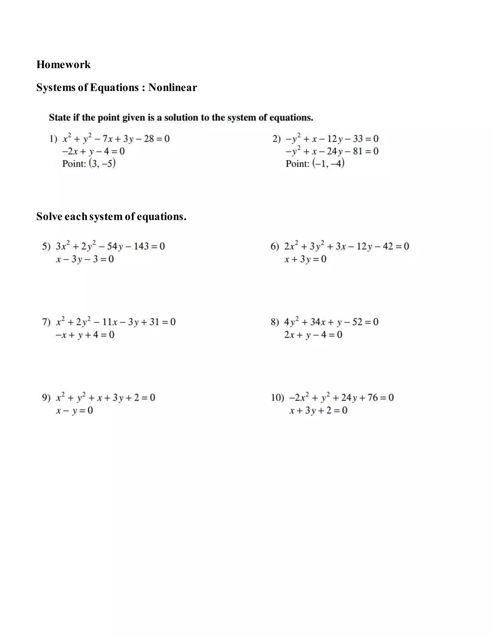 Systems of equations nonlinear homework | DOCX