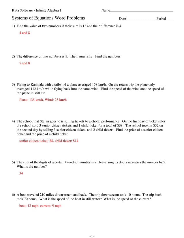 Systems of equations word problems | PDF