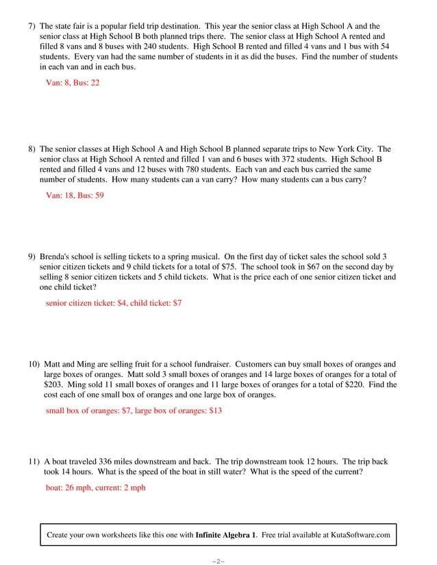 Systems of equations word problems | PDF