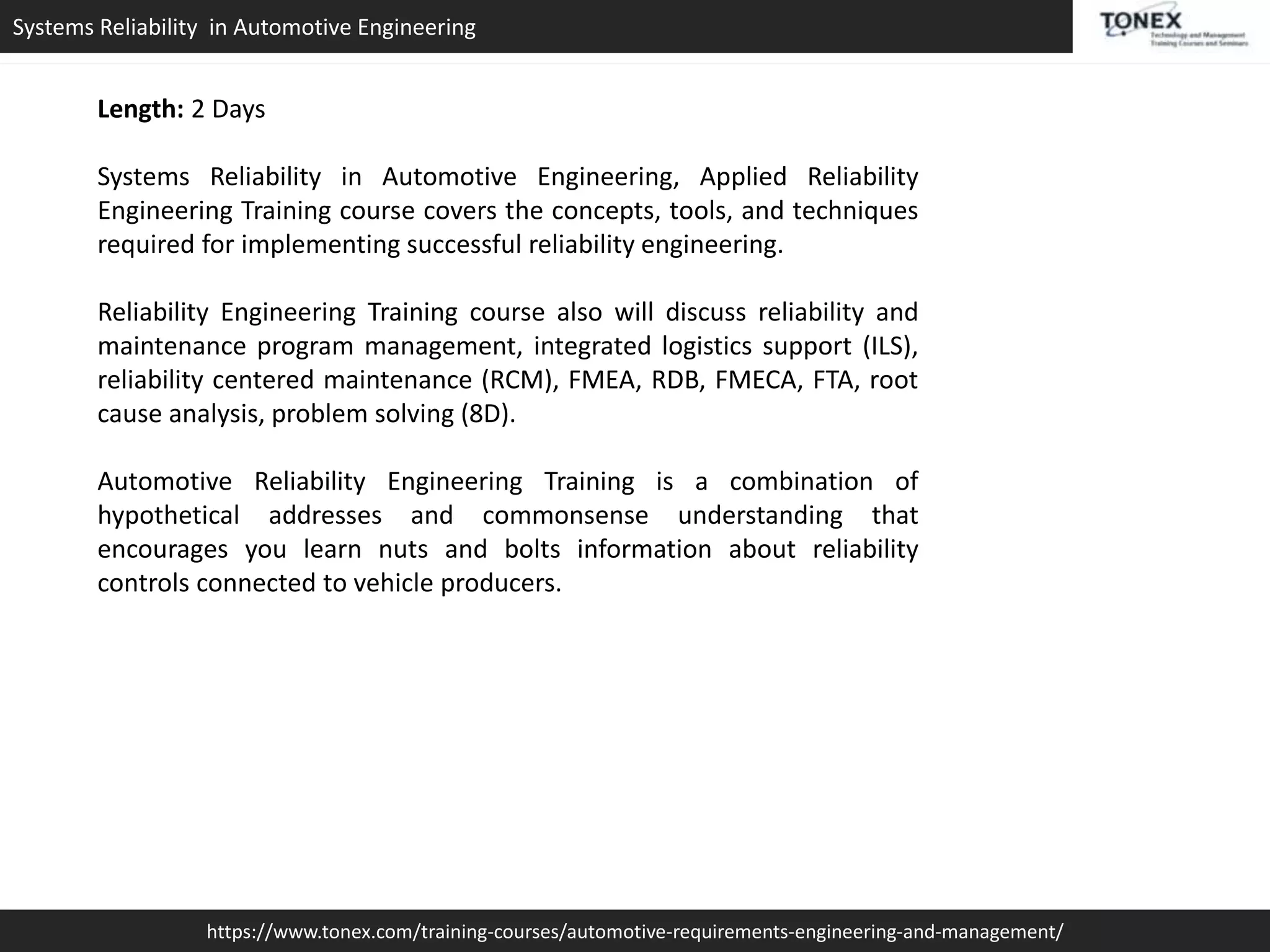 Systems Reliability in Automotive Engineering Workshop - Tonex Training | PPTX
