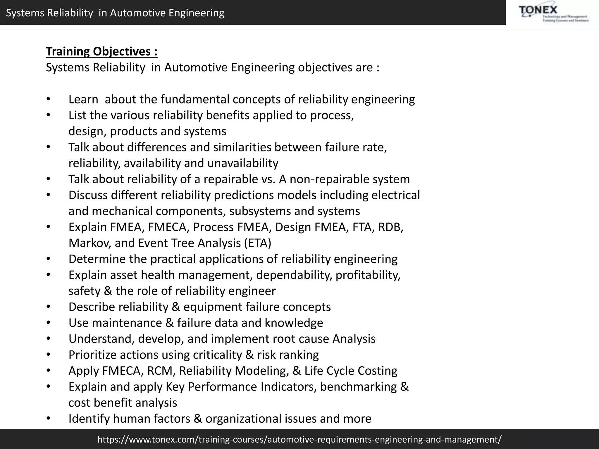 Systems Reliability in Automotive Engineering Workshop - Tonex Training | PPTX