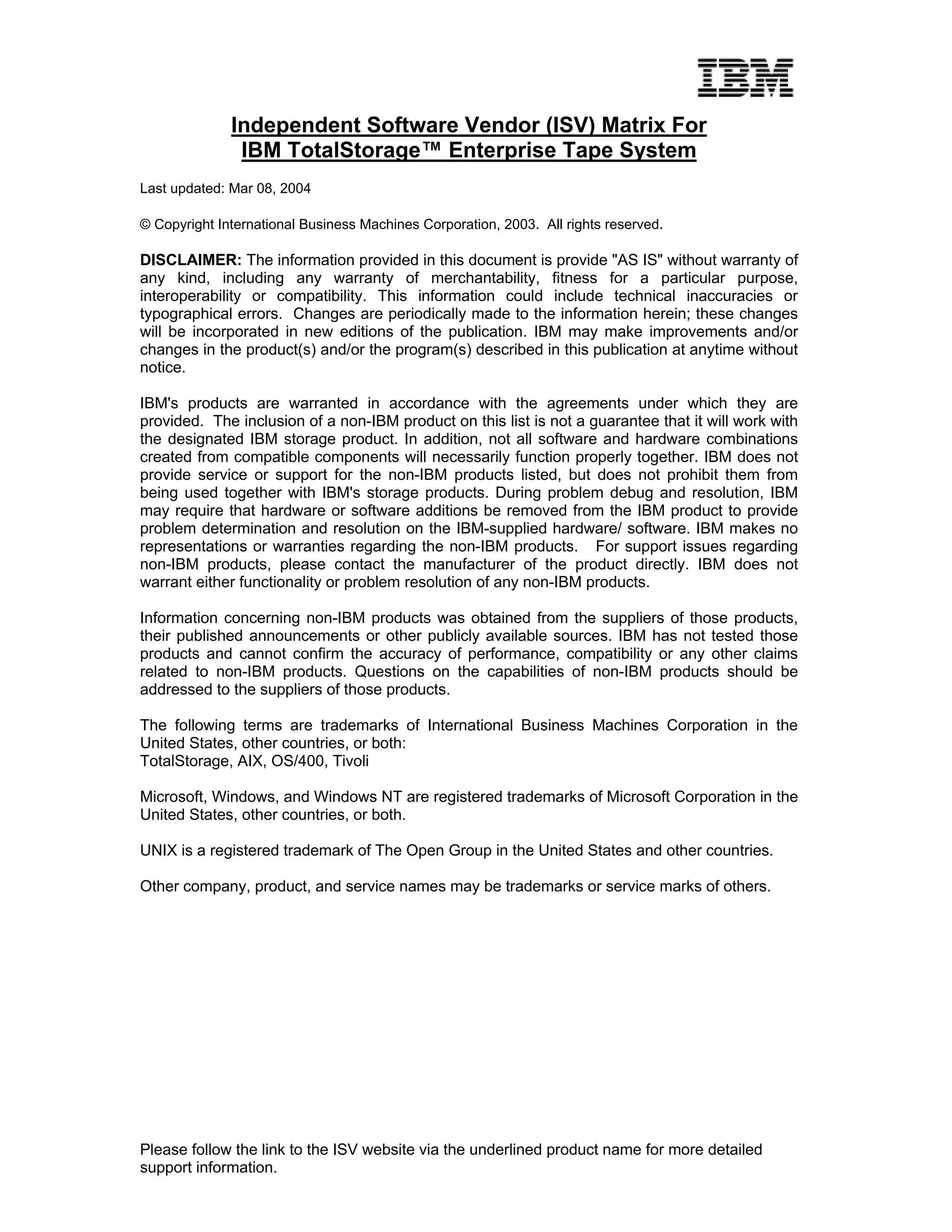 Independent Software Vendor (ISV) Matrix For IBM TotalStorage™ Enterprise Tape System | PDF ...