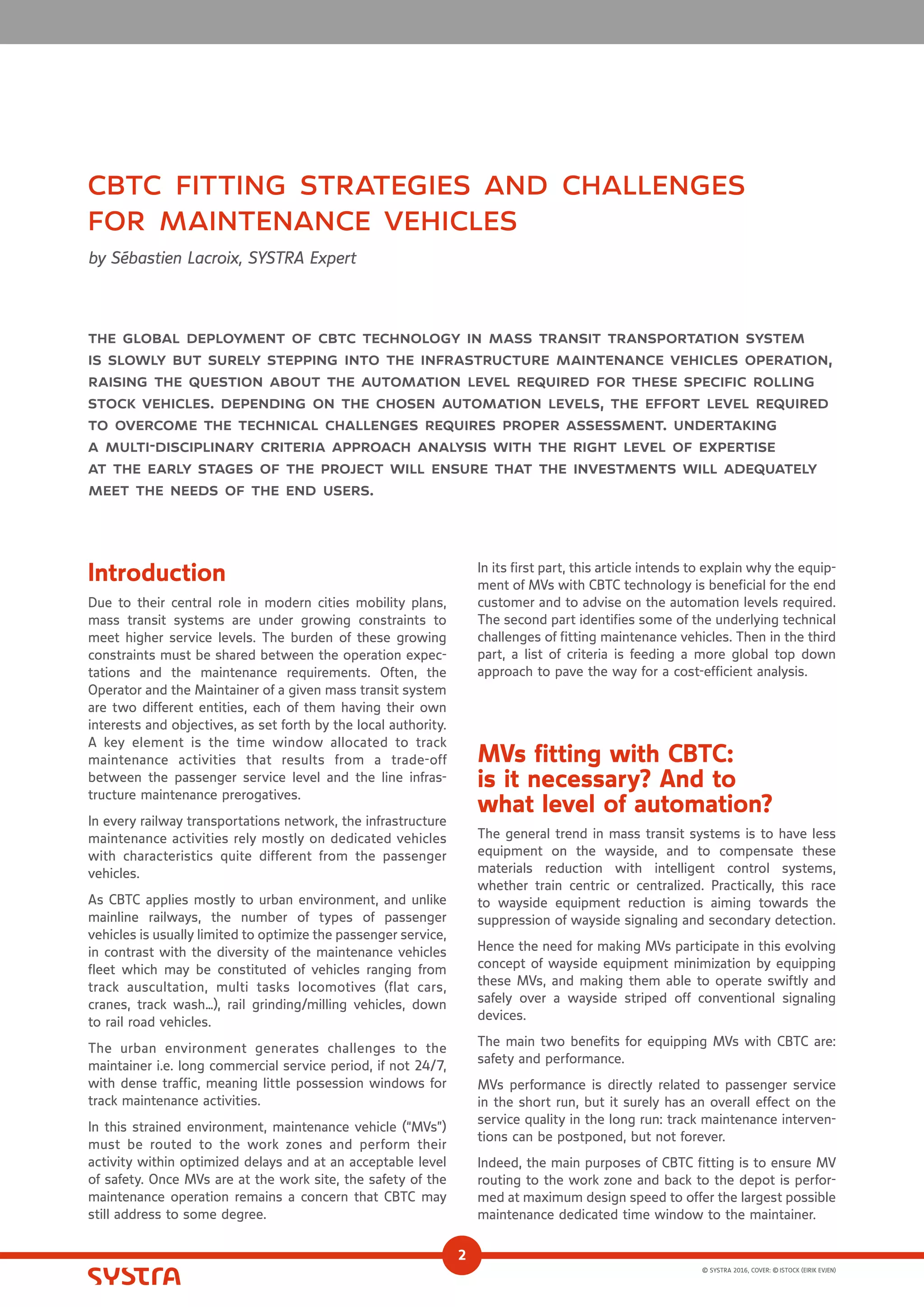 CBTC fitting strategies and challenges for maintenance vehicles | PDF