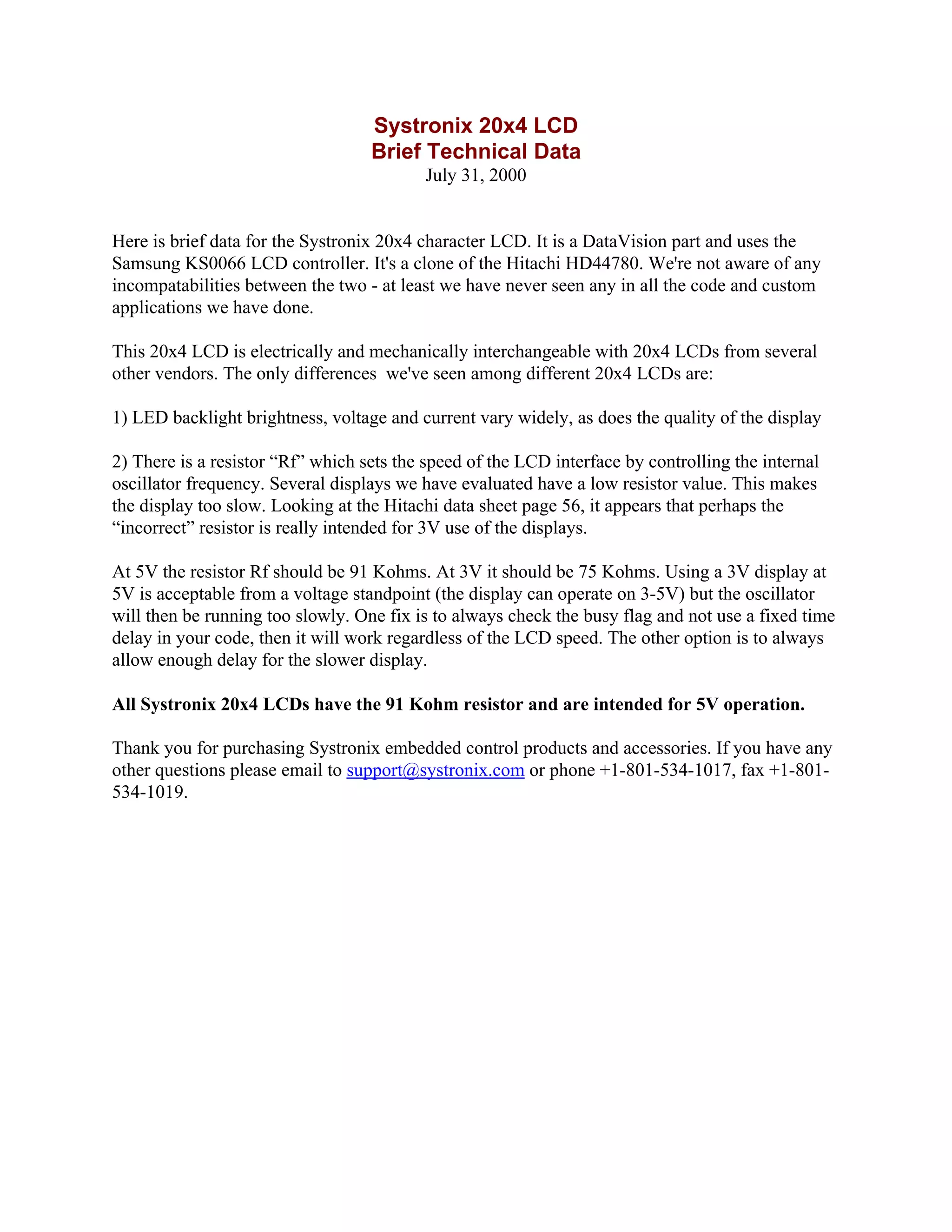 Systronix 20x4 lcd_brief_data | PDF