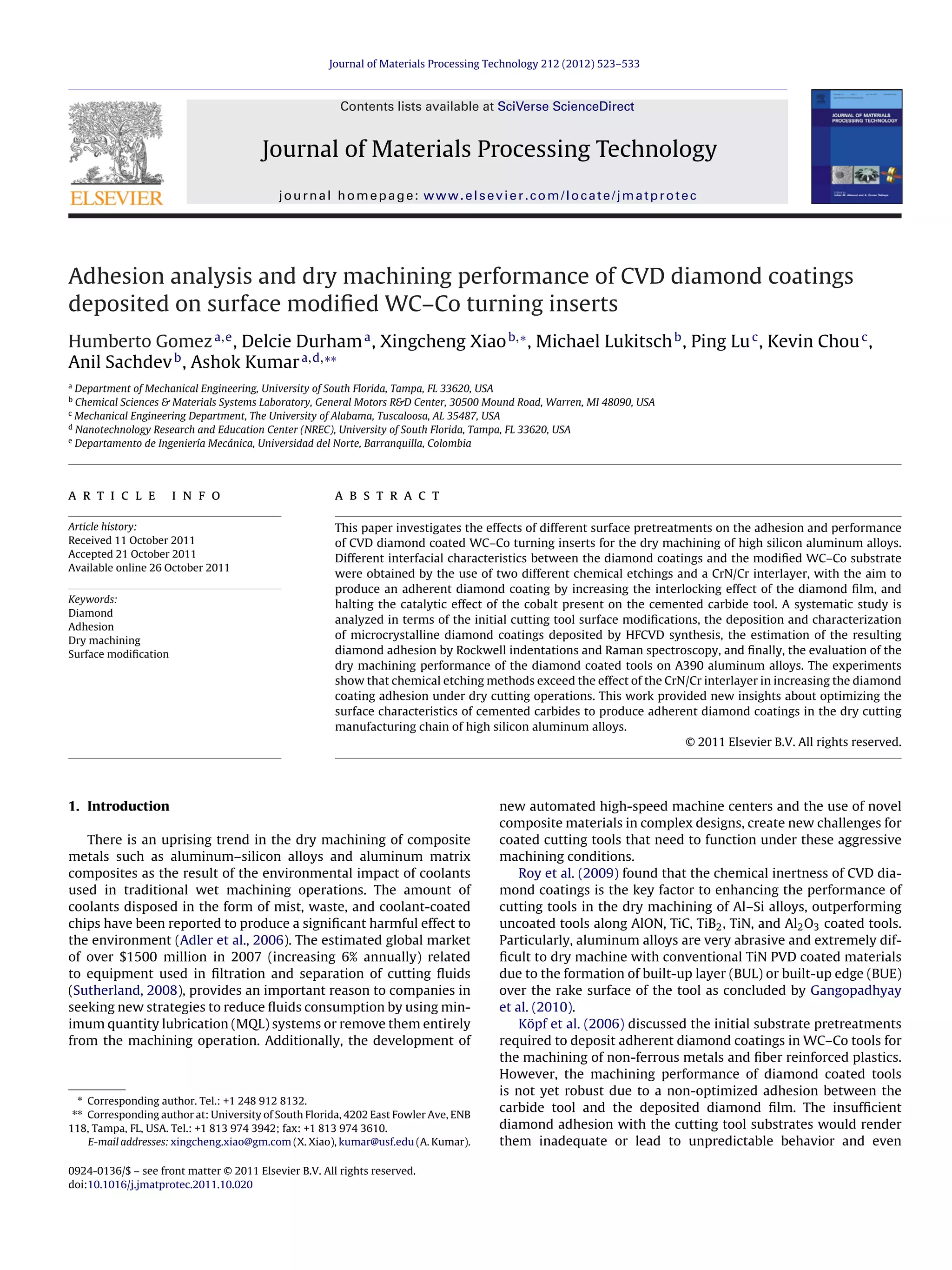 Adhesion analysis and dry machining performance of cvd diamond coatings deposited on surface ...