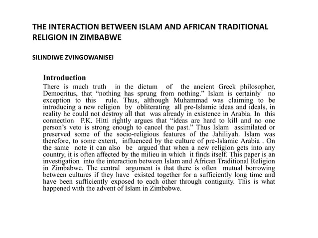 The interaction between Islam and African traditional religion in Zimbabwe Presentation ...