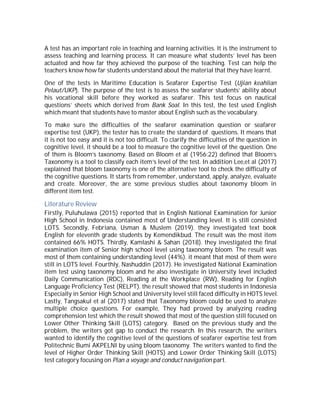 Evaluating The Cognitive Level of Seafarers Expertise Test (UKP) Sheet ...
