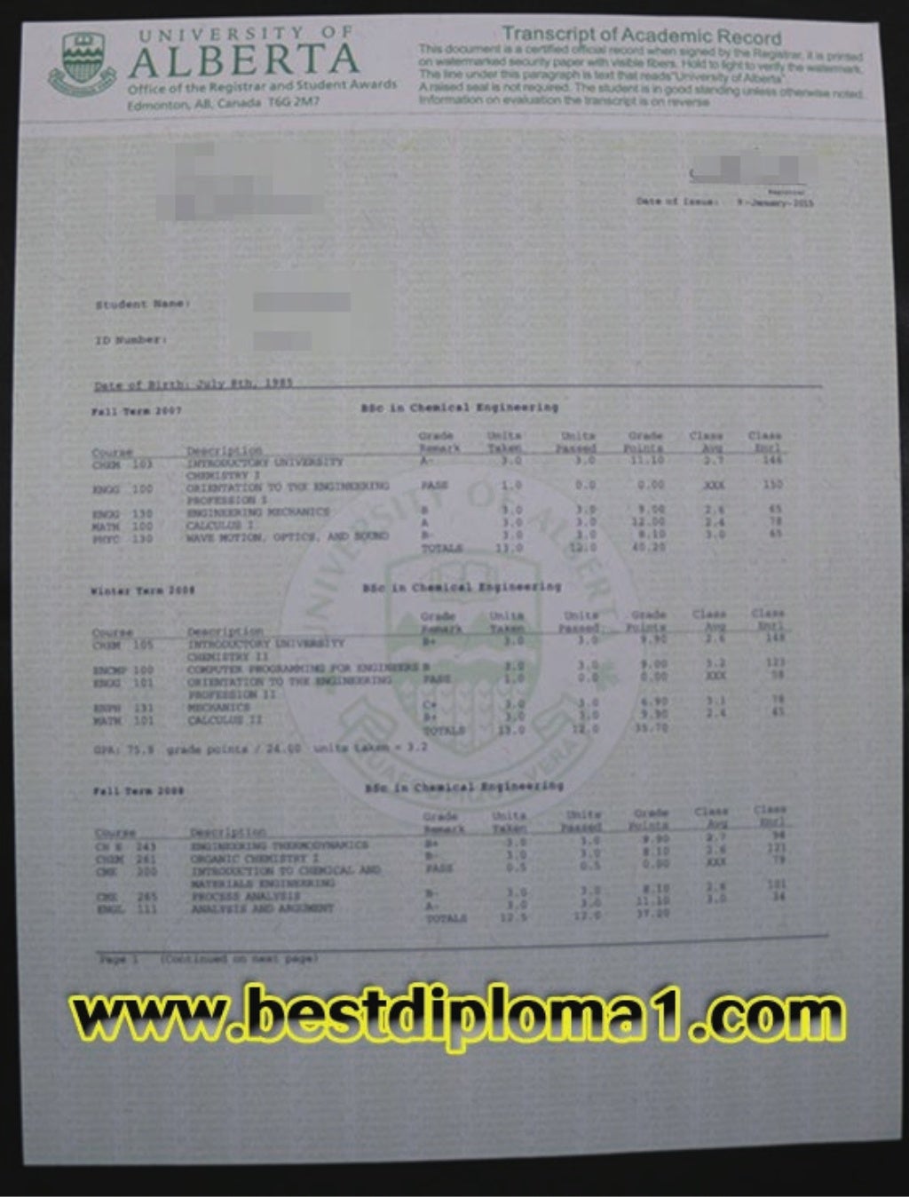 University of Alberta transcript, Alberta academic transcript