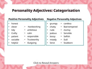 Personality adjevtive quiz and word lists | PPTX
