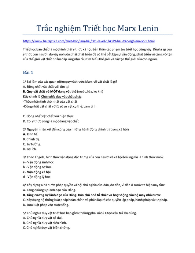 Trắc nghiệm Triết học Mác - Lênin (60 câu) | DOCX
